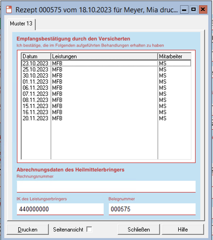 SP: Daten und Leistungen auf die Verordnung drucken